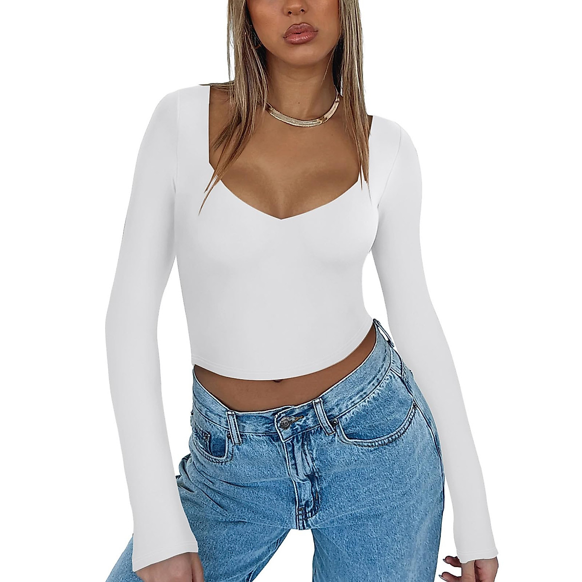 REORIA Women's Sexy Trendy V Neck Long Sleeve Slim Fitted Tshirts Fall Going Out Party Causal Basic Y2k Crop Tops White Medium