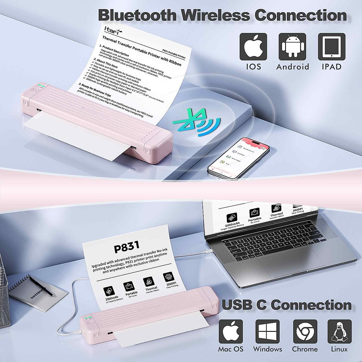 Itari P831 Pink Bluetooth Thermal Transfer Printer, Portable Printers Wireless for Travel, 300DPI Inkless Printer with 2 Roll Exclusive Thermal Transfer Ribbon