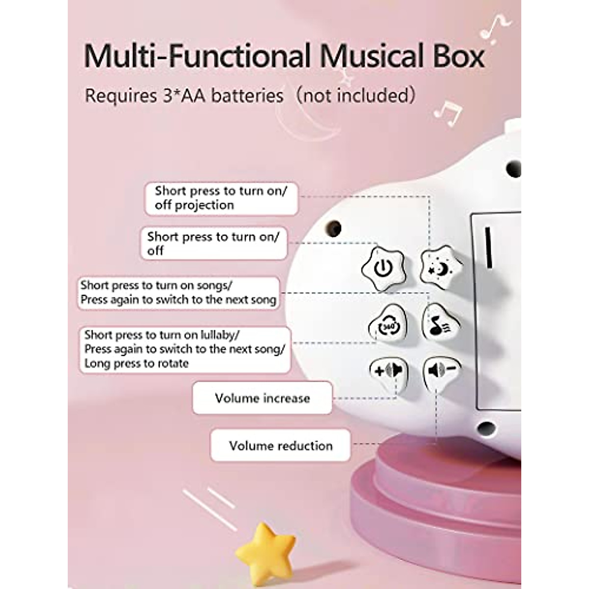 BSROLUNA Baby Crib Mobile with Music and Lights, Baby Mobile for Crib with Animals Projection, Hanging Rotating Animals Rattles, 19 Songs and lullabies, Cartoon Baby Crib Toys for Girls (Baby Pink)