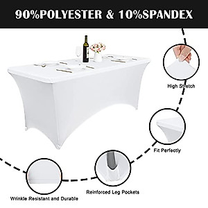 Yastouay 2 Pack 6ft Stretch Table Cloth Spandex Table Cover Tight Fitted for 6ft Rectangular Tables White Washable Tablecloths for Party, Wedding, Banquet, Outdoor (White, 6 Ft)