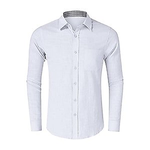 Men Lightweight Casual Plaid Dress Shirt Stylish Solid Button Down Shirts Patchwork Slim Fit Long Sleeve Shirts (White,Small)