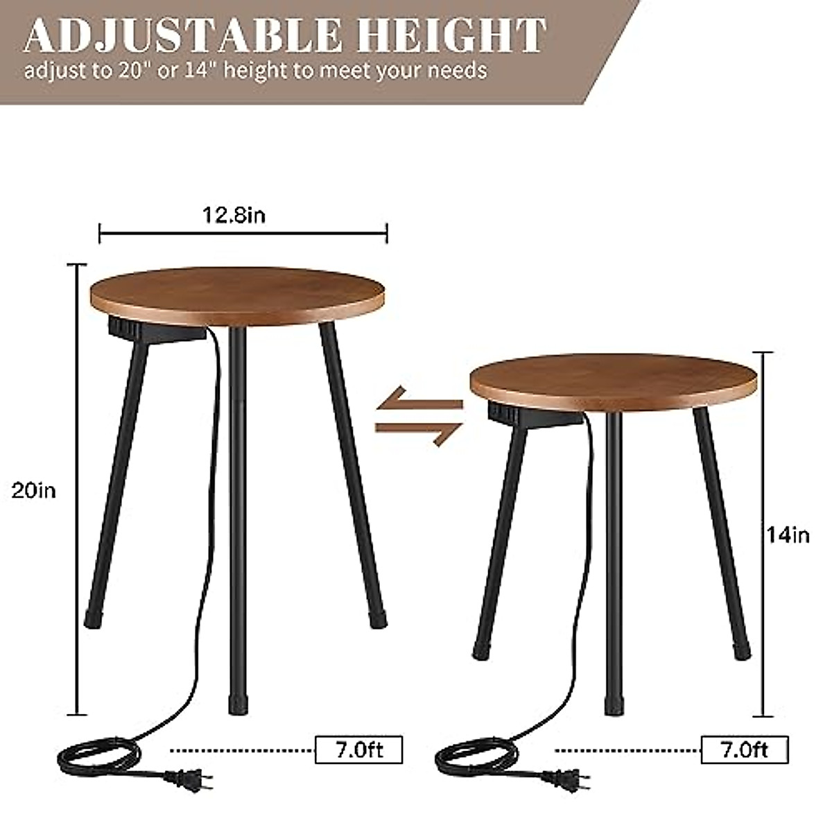 KINNARY End Table with Charging Station, Round Side Table with USB Port & Outlet, Adjustable Height Metal Leg, Small Nightstand Table for Living Room Bedroom, 12.8''D x 20''H, Walnut Wood