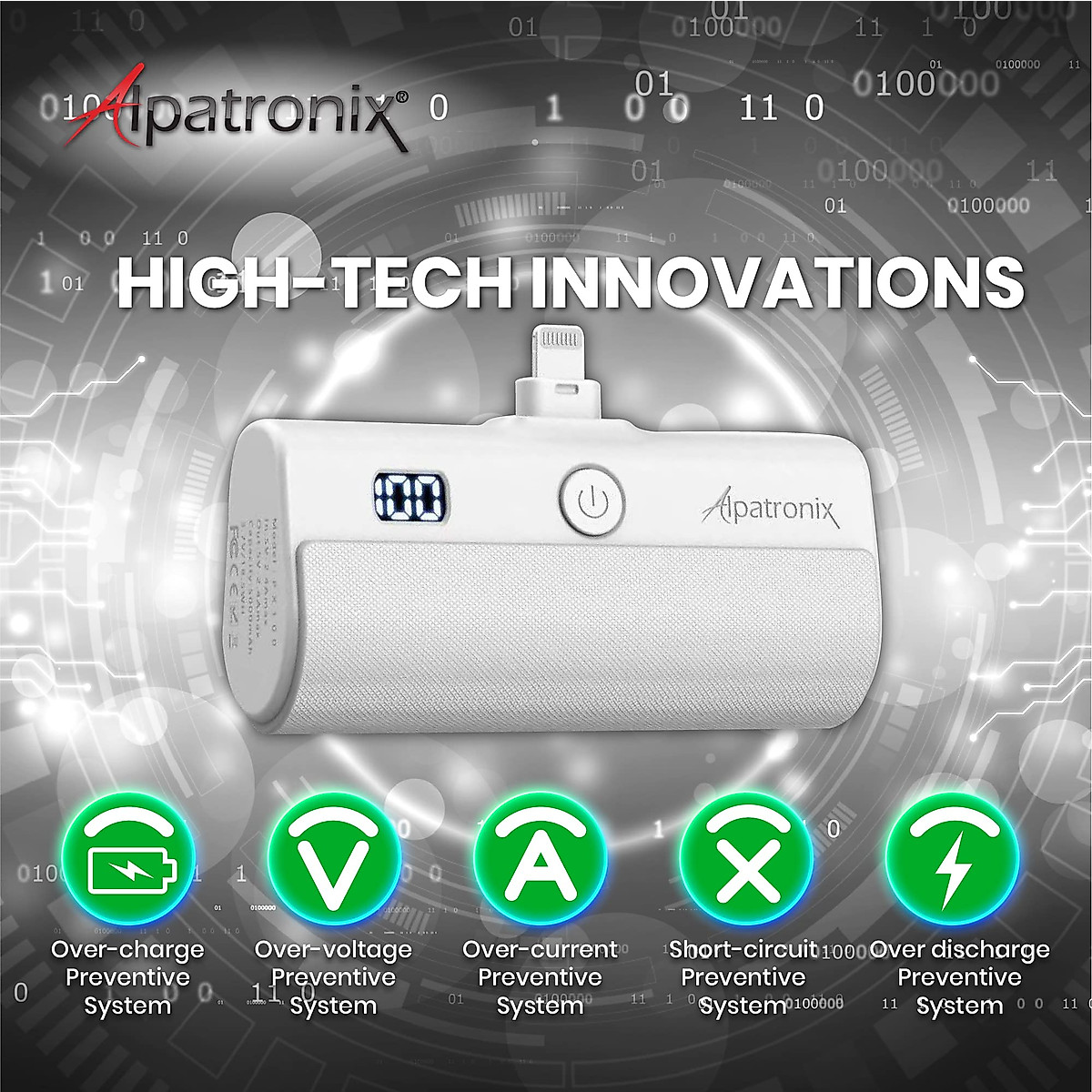 Alpatronix MFi Certified Mini Portable Charger for iPhone 5000mAh LCD Display Fast Charging Power Bank Compatible with All iPhones, AirPods, and iPads with Carrying Case - PX100 (White)