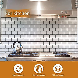 WOWSTAR Thicker Peel and Stick Tiles Backsplash, 12"x12" Subway Tiles, White with Black Grout ( 10-Sheet)