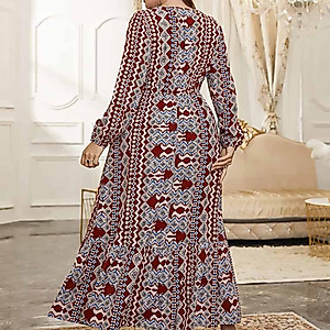 Dresses for Women Plus Size Women's Summer Casual V Neck Geometric Print Long Sleeved Loose Elastic Waist Dress Long Red