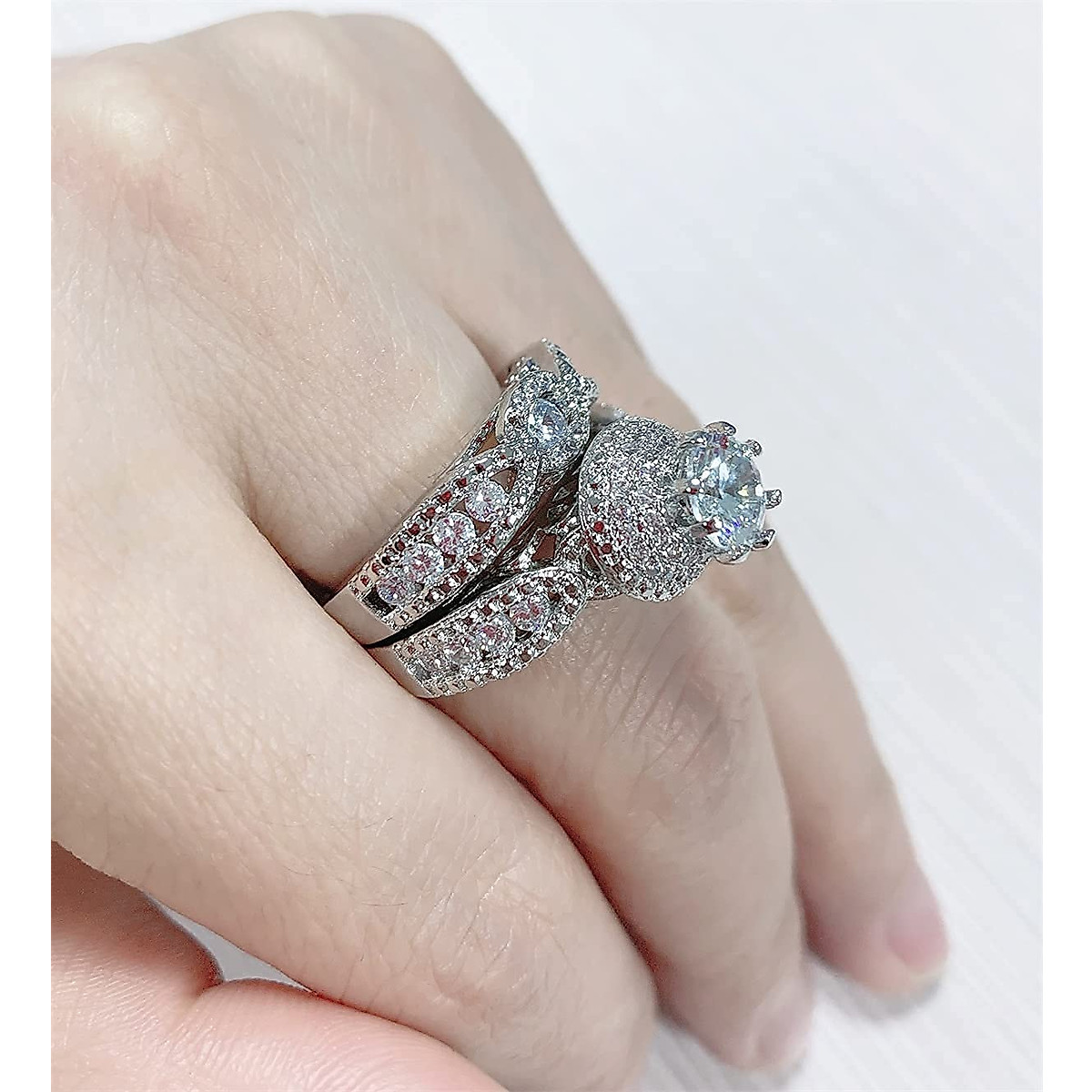 KUYIUIF 2 Pcs Retro Luxury Ring Set 925 Sterling Silver Shiny Full Diamond AAA Cubic Zirconia Solitaire Rings CZ Diamond Ring Set Eternity Engagement Wedding Band Set (7)