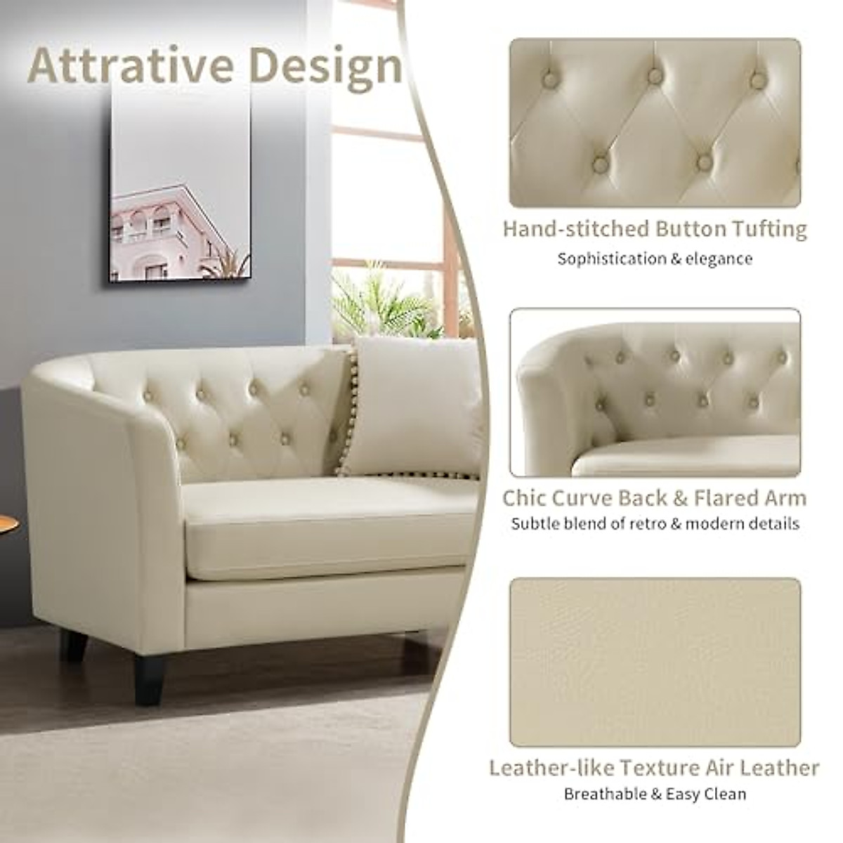 Husbedom 50 Inches Loveseat, Small Air Leather Couch for Small Spaces, Mini Sofa with Button Tufted Décor for Bedroom, Love Seats Furniture, Living Room, Bedroom, Apartment, Dorm, Beige