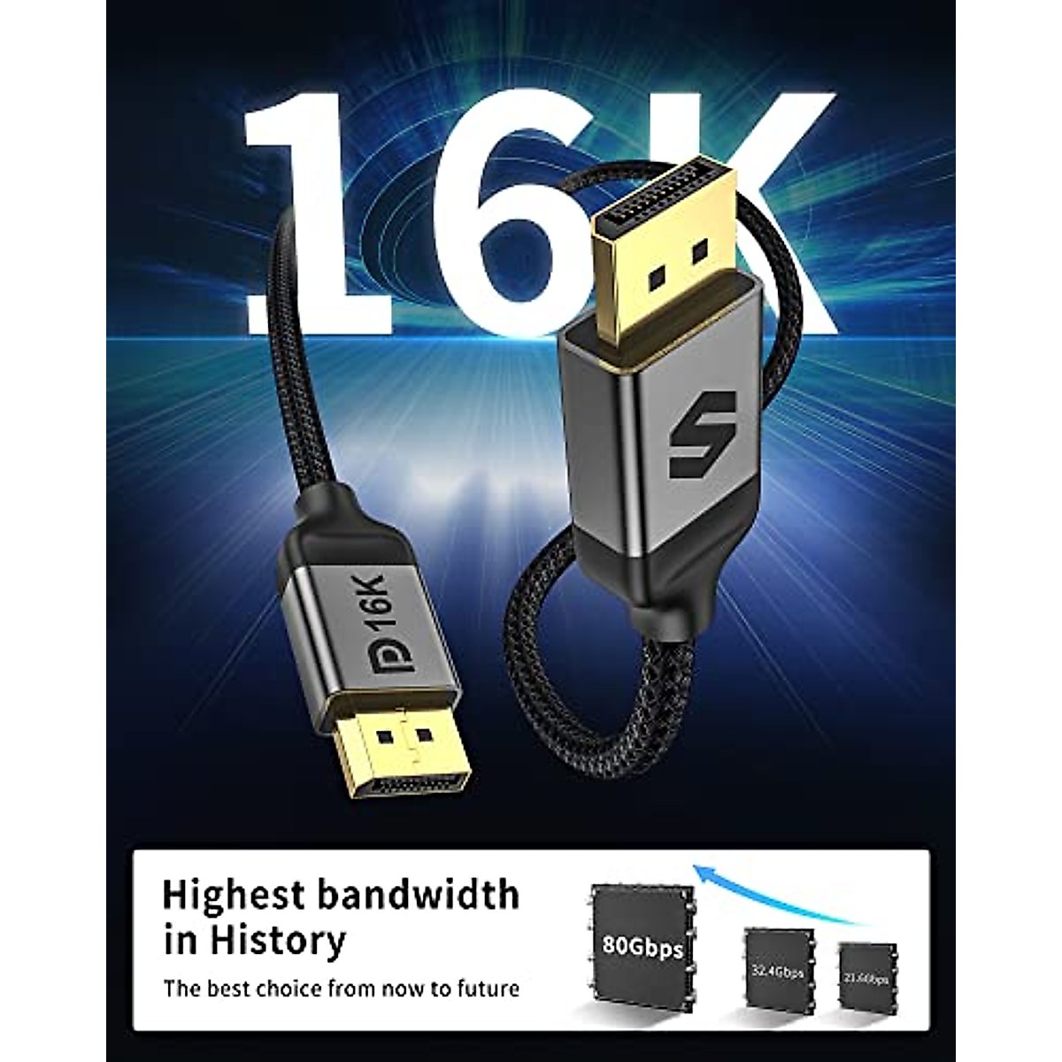 Silkland DisplayPort 2.1 Cable, DP 2.0 Cable [16K@60Hz, 10K@60Hz, 8K@120Hz, 4K@240Hz 165Hz 144Hz] 80Gbps HDR, HDCP DSC 1.2a, Video Display Port 2.1 Cord Compatible FreeSync G-Sync Gaming Monitor, 6FT