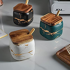 Marble Ceramics Sugar Bowl Ceramic Seasoning Box Ceramic Spice Jars Porcelain Condiment Pots with Lid and Spoon (White)