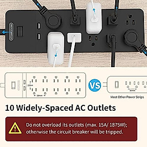 Flat Plug Extension Cord 25 Ft, NTONPOWER 10 Widely Spaced Outlets Power Strip Surge Protector with 2 USB, Overload Protection, 1080 Joules, Wall Mountable for Indoor, Home Office and Workbench Black