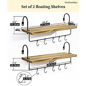 Godimerhea Floating Shelves with Hooks, Set of 2 Rustic Wall Mounted Wooden Decorative Storage Shelves with Towel Rack for Coffee Bar, Kitchen, Living Room（Brown）