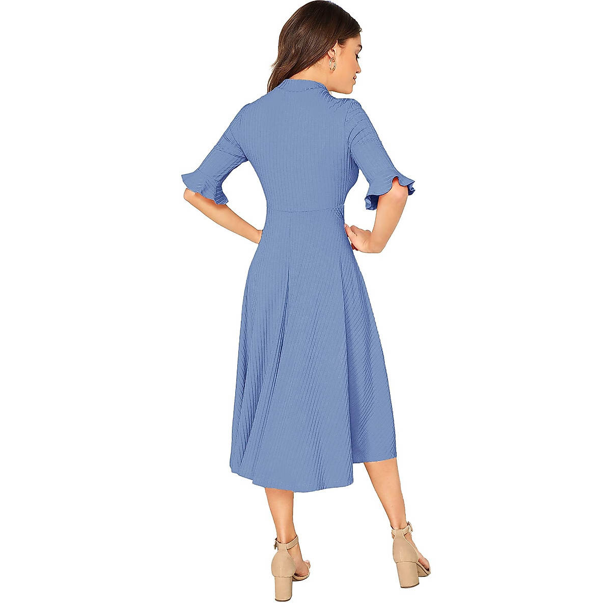 Verdusa Women's Elegant Ribbed Knit Bell Sleeve Fit and Flare Midi Dress Slate Blue S