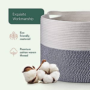 Decorative Jumbo Blanket Basket for Living Room - 100% Cotton Rope Woven Basket for Storage with 2 Easy Carry Handles, Holds up to 40Lb - Ideal for Pillows, Blankets, Laundry Hamper & Baby Toy Bin.