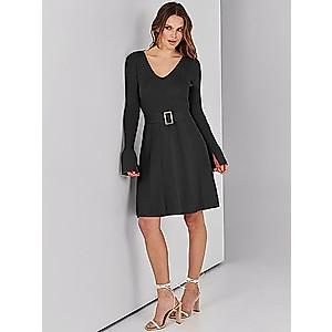 ANRABESS Sweater Dress for Women 2023 Fall Fashion Long Sleeve V Neck Tie Waist A-Line Pleated Swing Sexy Elegant Ribbed Knit Midi Formal Wedding Guest Dresses 1195heise-M Black