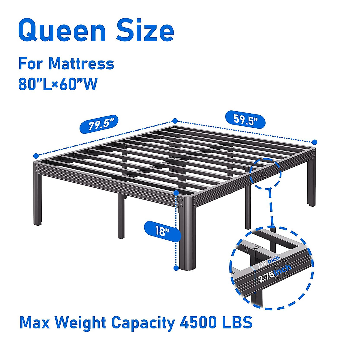 Askeld Queen Bed Frames, 18 Inch High Bedframe No Box Spring Needed, Heavy Duty Steel Slats Platform Mattress Base, 4500lbs Weight Capacity Reinforced Metal Frame, Noise-Free, Easy Assembly, Black