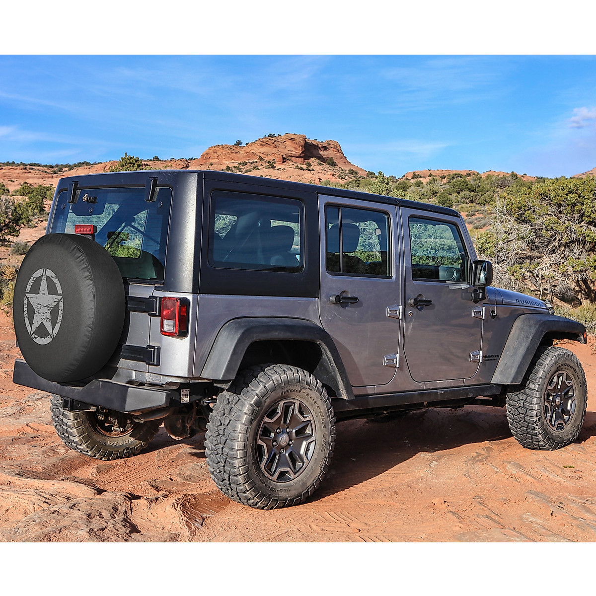 Boomerang - 32" Distressed Star - Spare Tire Cover - (Black Denim Vinyl) for Jeep Wrangler JK (2007-2018) - Silver Print - Made in The USA