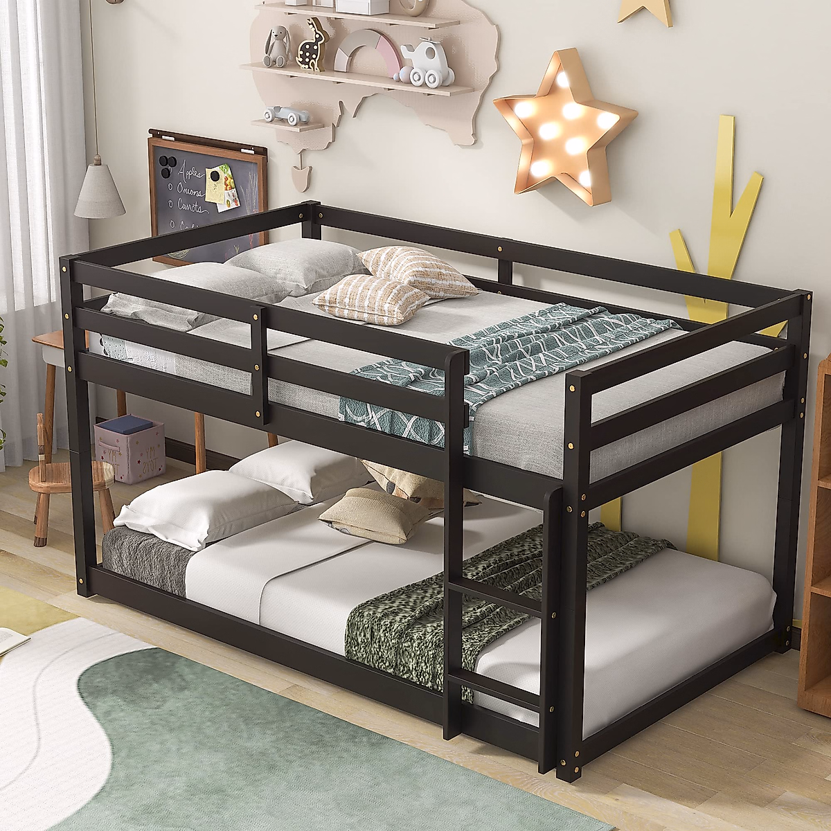 LAVHOME Twin Low Bunk Bed, Solid Wood Twin Over Twin Bunk Bed Frame with Full Guardrails & Integrated Ladder, Floor Twin Bunk Beds for Kids Boys and Girls, No Box Spring Needed,Espresso