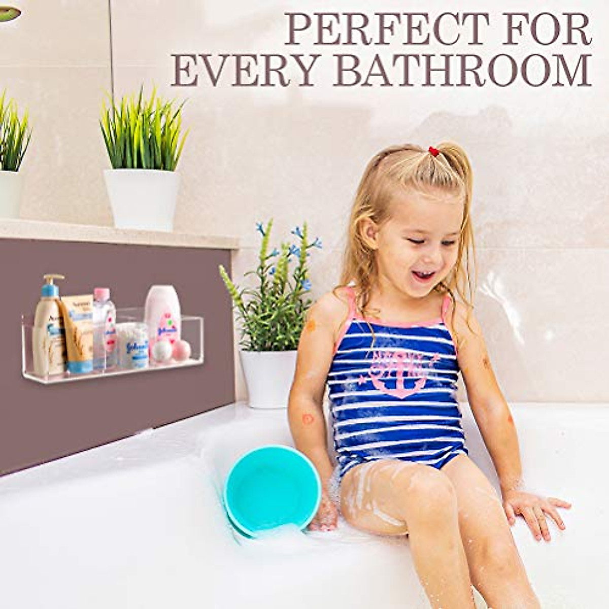 No-Drill Clear Acrylic Makeup Organizer Wall Mounted with Adhesive Stickers or Screws, 15” Clear Acrylic Bathroom Organizer Shelf