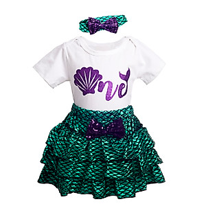 Dressy Daisy 1st First Birthday Mermaid Romper Bodysuit Onesie Outfits for Infant Baby Girls Fancy Party Dress Up Skirt Set with Bowknot Headband Size 12-18 Months 322