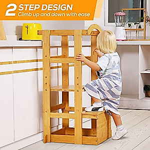 IPOW Learning Stool Toddler Tower, 3 Adjustable Height Kids Step Stool for 18-48 Months, Solid Toddler Kitchen Step Stool Helper with Safety Rail for Kitchen Counter Bathroom Sink
