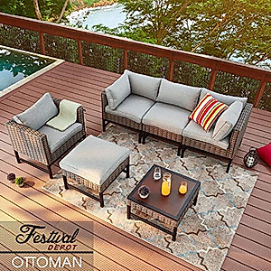 Festival Depot Patio Ottoman Square Wicker Footstool with Cushion for Foot Rest in Metal Frame All Weather Outdoor Furniture for Garden Yard Lawn