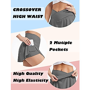 RIOJOY Tennis Skirts for Women with Pockets Inner Shorts Cross High Waisted Golf Athletic Running Workout Sports Outfits(A# V-Waist Grey,S)