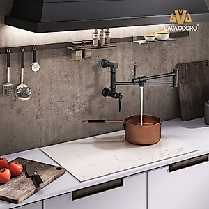 Lava Odoro Matte Black Pot Filler Faucet, Two Attachment Pot Filler, Contemporary Wall Mount Folding Kitchen Pot Filler with Swing Arm, PF312-MB