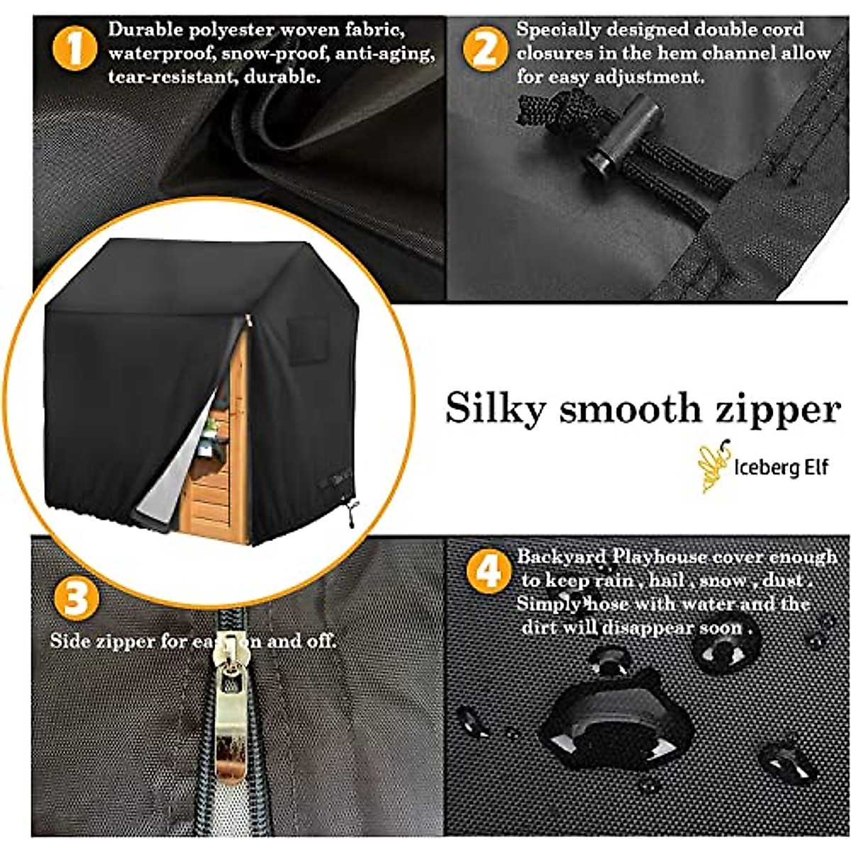 Iceberg Elf Playhouse cover, Outdoor wooden kids playhouse covers, 57" L x 57" W x 63" H, Waterproof, Sun Protection dust, Easy to put on with side zipper, 640D Heavy duty oxford fabric, (Black)