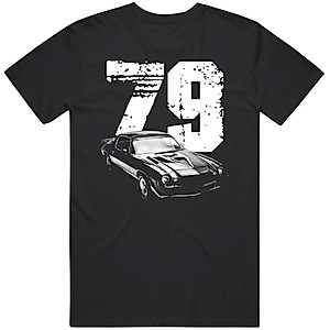PurpleMonkeyTees 1979 Camaro Z28 Front Three Quarter View with Year T Shirt XL Black