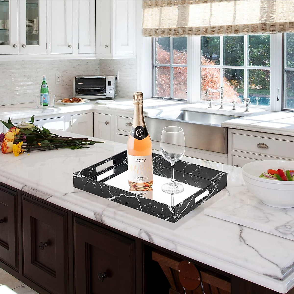 Vixdonos Decorative Serving Tray Marble Black Leather Tray Mirror Ottoman Tray with Handles for Coffee,Candle Holders,16.2'' X 12.2" X 2''