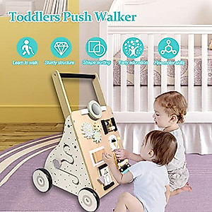 MICKYU Wooden Baby Walker, Baby Activity Center Toys Push Walker Learning to Walk, First 1st Birthday Gift for Toddlers Boys Girls