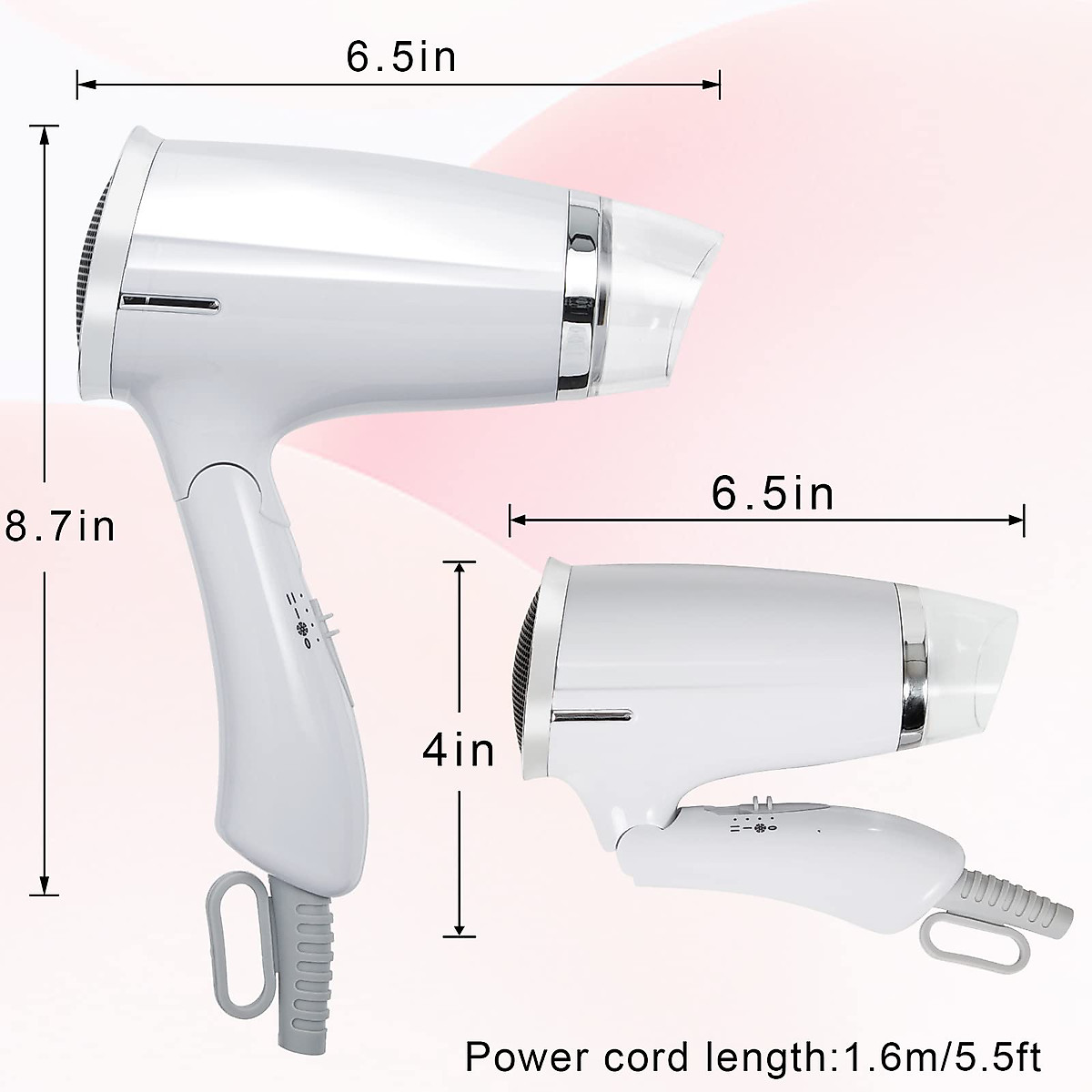 Travel Hair Dryer Folding Hair Blow Dryer Compact Travel Blow Dryer Portabel Small Hair Dryer 3 Heat Settings Lightweight Mini 8x7inch Low Noise (White)