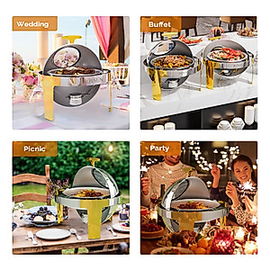 ROVSUN 2 Packs Roll Top Chafing Dish Buffet Set Gold Accent,NSF 6 Quart Round Stainless Steel Chafer, Buffet Servers and Warmers Set with Glass Window for Wedding, Parties, Banquet, Events