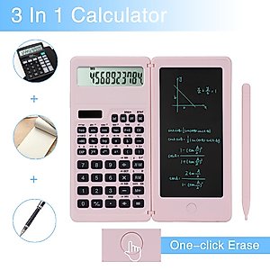 LveSunny Scientific Calculators for Middle School & High School, Solar and Battery Power with Notepad for School，10 Digits Digital with Erasable Writing Board Math Calculator (Pink)