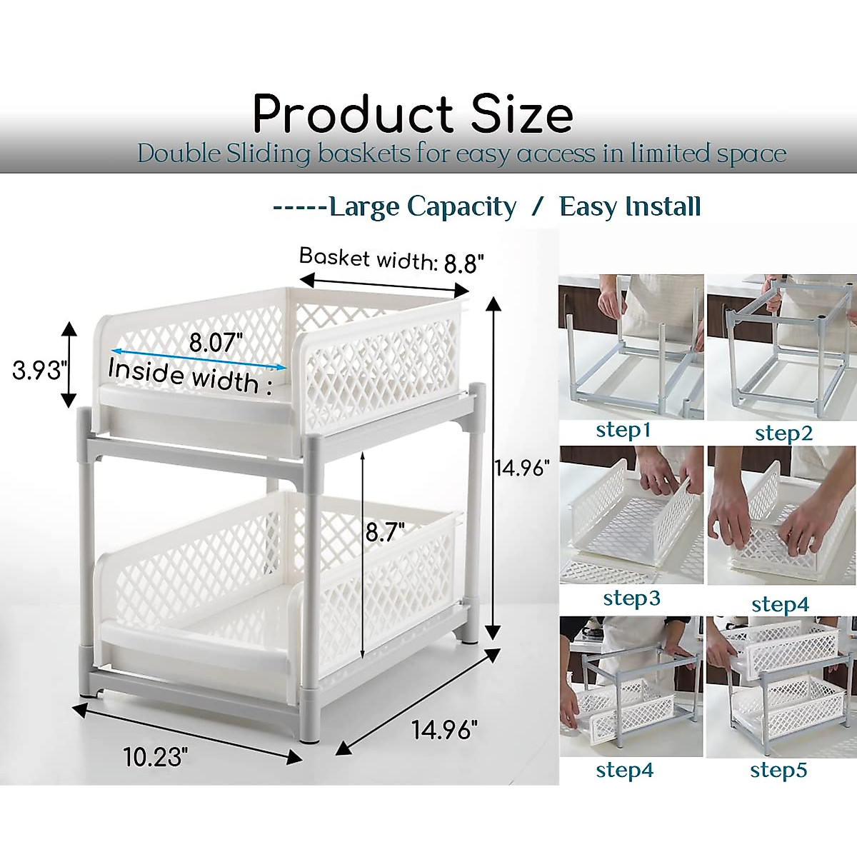2 Tier Under Sink Organizer White Cabinet Slide Out Food Storage Shelves Vanity Bathroom Under the Sink Pull Out Home organizer with Sliding Baskets Cabinet Spice Rack for Kitchent Desk hegsymum