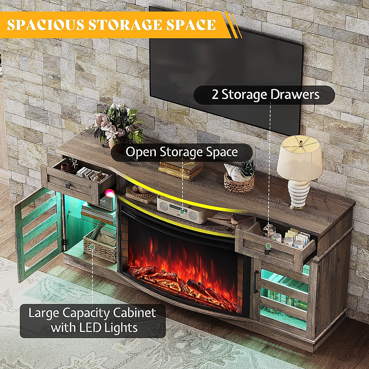 LUXOAK 70" Farmhouse Curved Fireplace TV Stand, LED Light Entertainment Center Table with 36'' Upgrade Electric Fireplace TV Console Cabinet for TVs Up to 80", Wash Grey