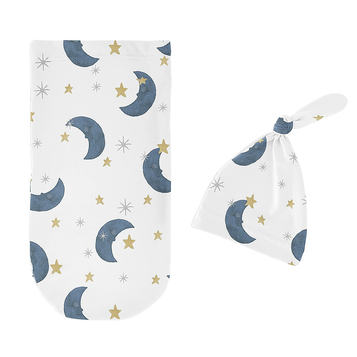 Sweet Jojo Designs Moon Star Baby Boy Girl Cocoon and Beanie Hat Set Jersey Stretch Knit Sleeping Bag Infant Newborn Nursery Sleep Wrap Sack - Navy Blue Gold Watercolor Celestial Sky Gender Neutral