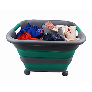 SAMMART Collapsible Plastic Laundry Basket with Wheels 39L (10.3 Gallons) -Foldable Pop Up Storage Container for Laundry, Camping & Home (1, Dark Grey/Bluish-Green)