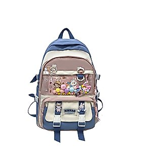 vfdgsaz Cute Kawaii Backpack with cute card plush pendant,Lovely Pastel Rucksack,Aesthetic backpack for girls and teens (blue,one size)