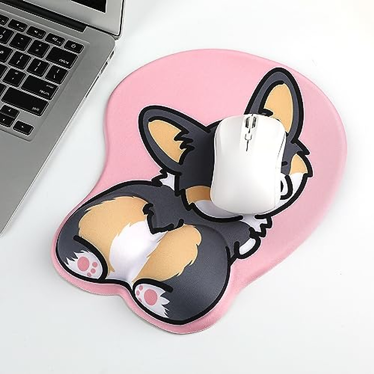 Ergonomic Mouse Pad with Gel Wrist Support 3D Funny Anime Wrist Rest for Home & Office - Corgi Pink