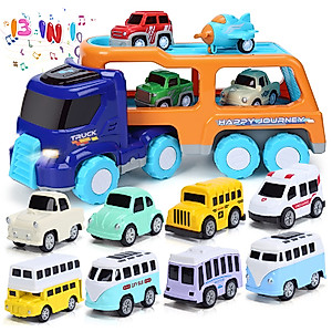 ToyBay 14PCS Toy Trucks Car for 2 3 4 5 Year Old Toddlers Boys Girls, Carrier Truck Transport Vehicles Toys, Car Trucks Toys with Light, Music & Play Mat, Kids Toy Cars Birthday Gifts, Multi-Color