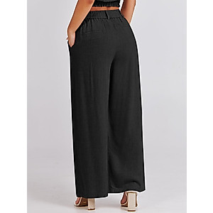 Caracilia Womens Summer Linen Palazzo Pants Wide Leg High Waist Business Casual Work Lightweight Trousers Loose Pleated Elastic Waist Dressy Pants 2024 Black Fashion Outfits with Pocket C118A3-heise-L