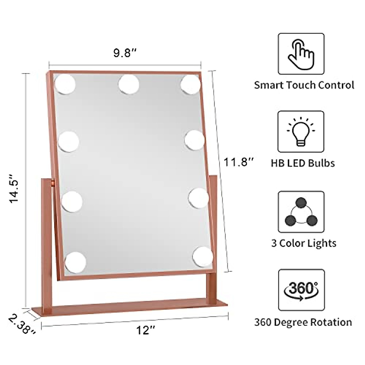 FENCHILIN Hollywood Mirror with Light Large Lighted Makeup Mirror Vanity Makeup Mirror Smart Touch Control 3Colors Dimable Light Detachable 10X Magnification 360°Rotation (Rose Gold)
