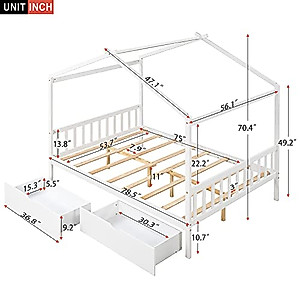 Merax Full Size House Platform Bed Frames with with Two Drawers, Headboard and Footboard/No Box Spring Needed/Easy Assembly