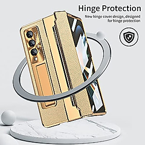 Hinge Protection Case for Samsung Galaxy Z Fold 3 5G with Pen Holder,Luxury Plating Built-in Screen Protector Dustproof Shockproof Case Cover Compatible with Samsung Galaxy Z Fold 3 5G(Gold+Gold)
