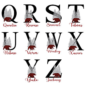Personalized Woodland Bear Buffalo Plaid Baby Boy Nursery Decor Unframed Print - Baby Name Letter Initial Monogram