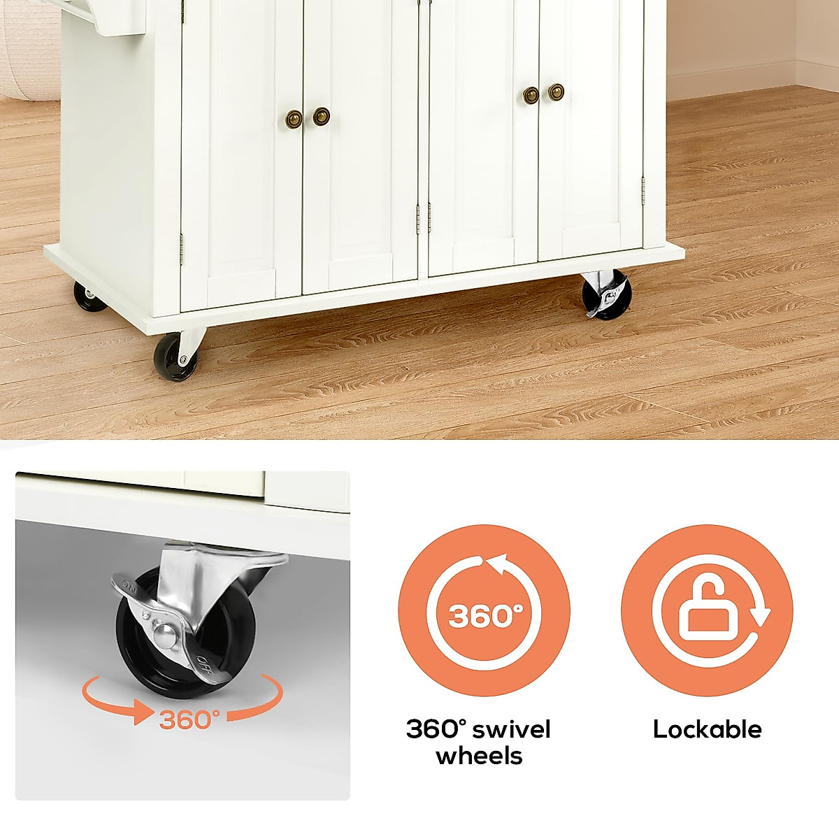 TUSY 43" Kitchen Island with Storage, Rolling Kitchen Cart with Lockable Wheels, Solid Wood Tabletop Kitchen Island Table for Kitchen, Living Room, White