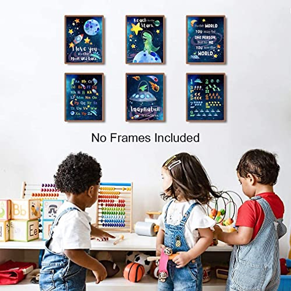Dinosaur Outer Space Education Number Alphabet Posters Wall Art Prints,Planet Rocket UFO Painting for Nursery Kids Bedroom Classroom Decor Baby Kids Room Decorations,Set of 6(8''x10''inches, Unframed).