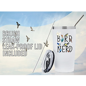 Onebttl Bird Watching Gifts, Bird Watching Tumbler for Bird Lovers & Bird Watchers, 20oz Stainless Steel Insulated Tumbler with Lid & Straw, Gift Card & Box Included, Birthday Gift, White - Bird Nerd