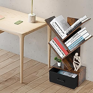 Fashionwu Tree Bookshelf with Drawer, 4-Tier Wooden Bookshelves Storage Rack for CDs/Movies/Books, Rustic Brown Bookcase, Utility Organizer Shelves for Living Room, Bedroom, Home, Office